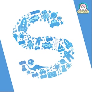 Monogram Art Print - Blue Letter S With Child's Icons. Boy or Girl Wall ...