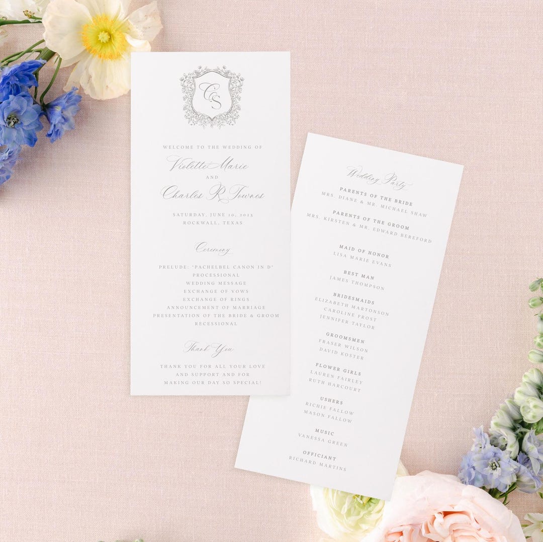 Program Template, Floral Crest Monogram Wedding Day-of Stationery, Printable, Editable Wedding ...