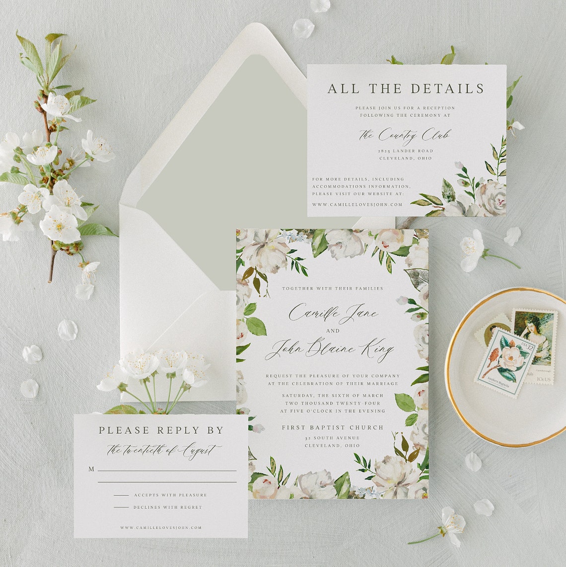 White Painted Floral Frame Calligraphy Wedding Invitation Template ...