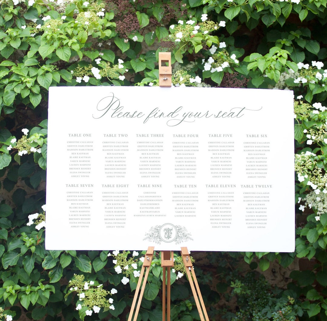 Seating Chart Template, Elegant Botanical Monogram Crest Wedding Day-of ...