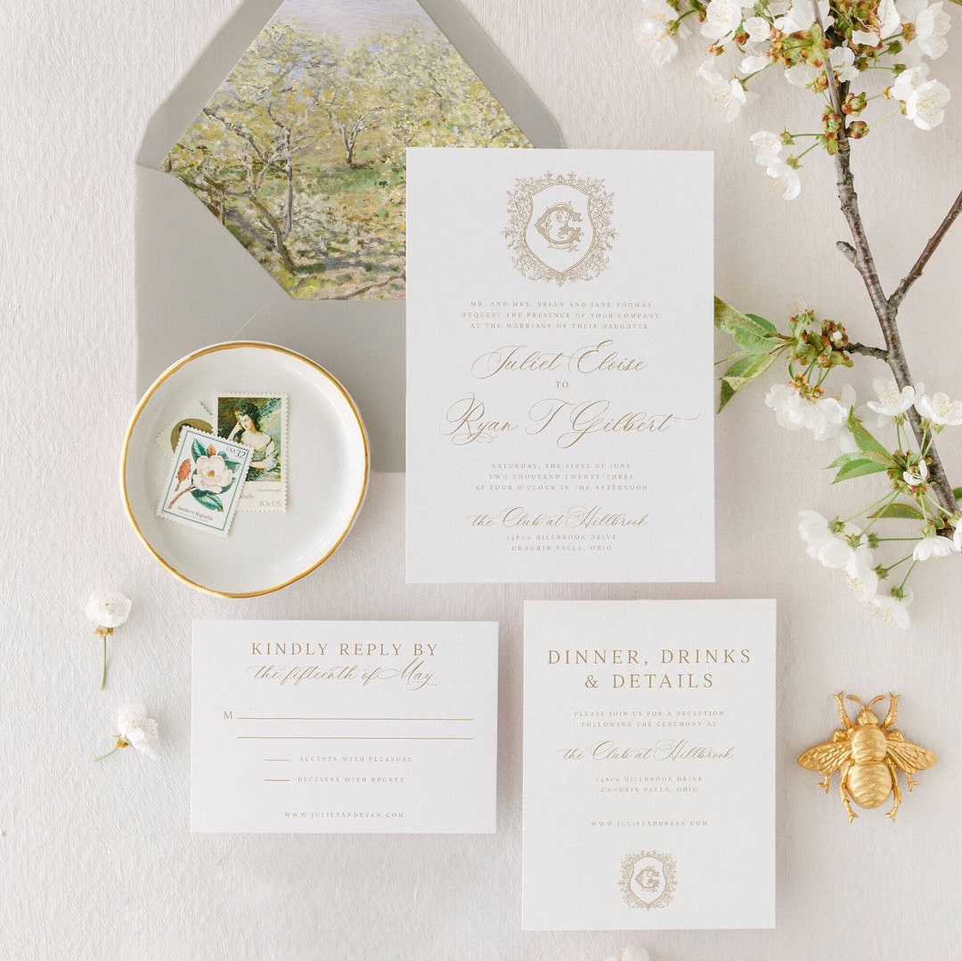 Vintage Vine Crest Monogram Wedding Invitation Template, Traditional ...