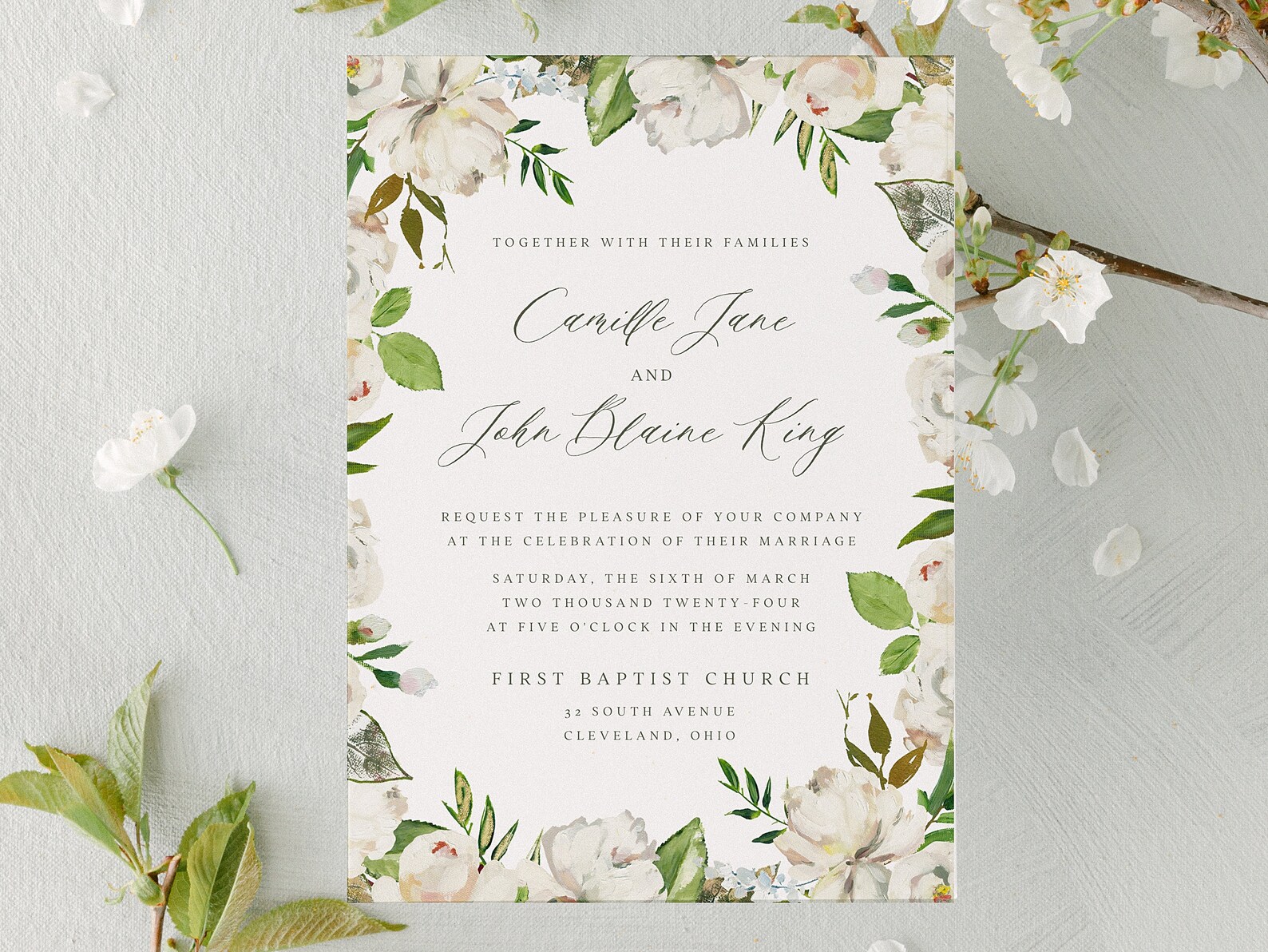 White Painted Floral Frame Calligraphy Wedding Invitation Template ...