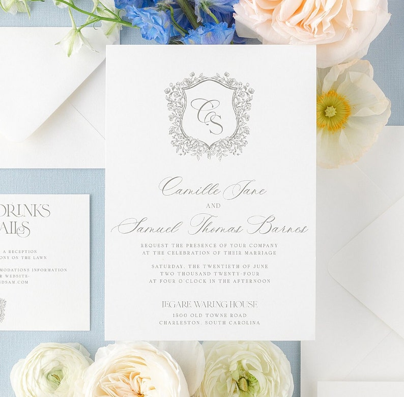 Floral Crest Monogram Wedding Invitation Template, Traditional ...