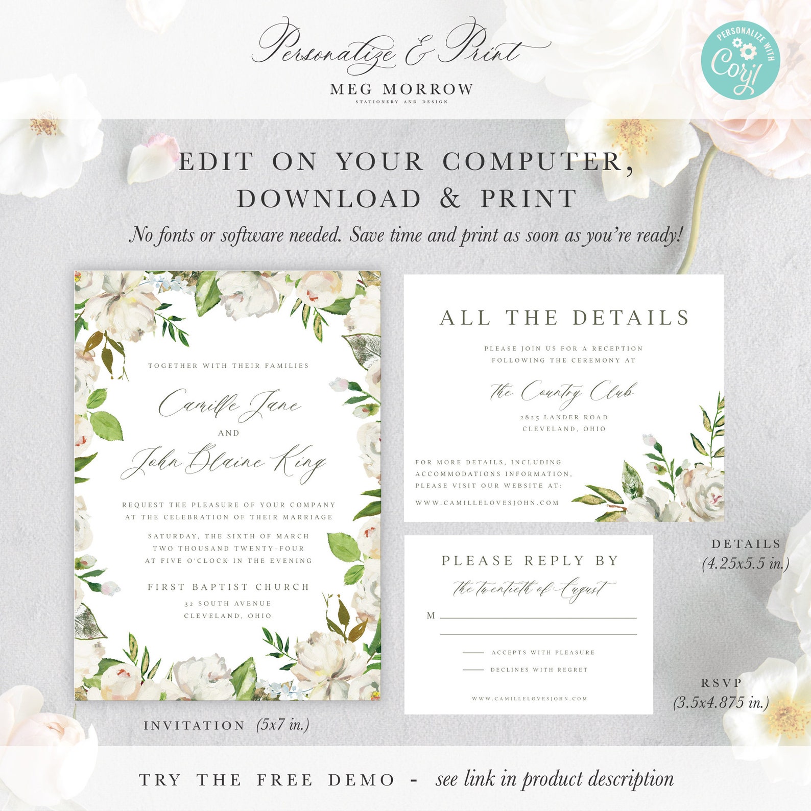 White Painted Floral Frame Calligraphy Wedding Invitation Template ...