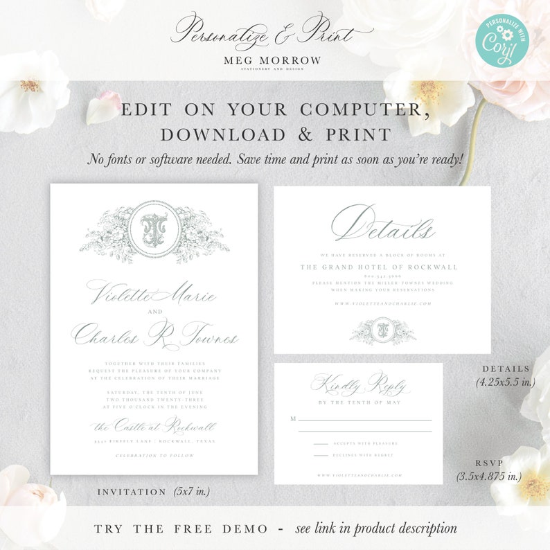 Double Monogram Botanical Crest Wedding Invitation Template - Etsy