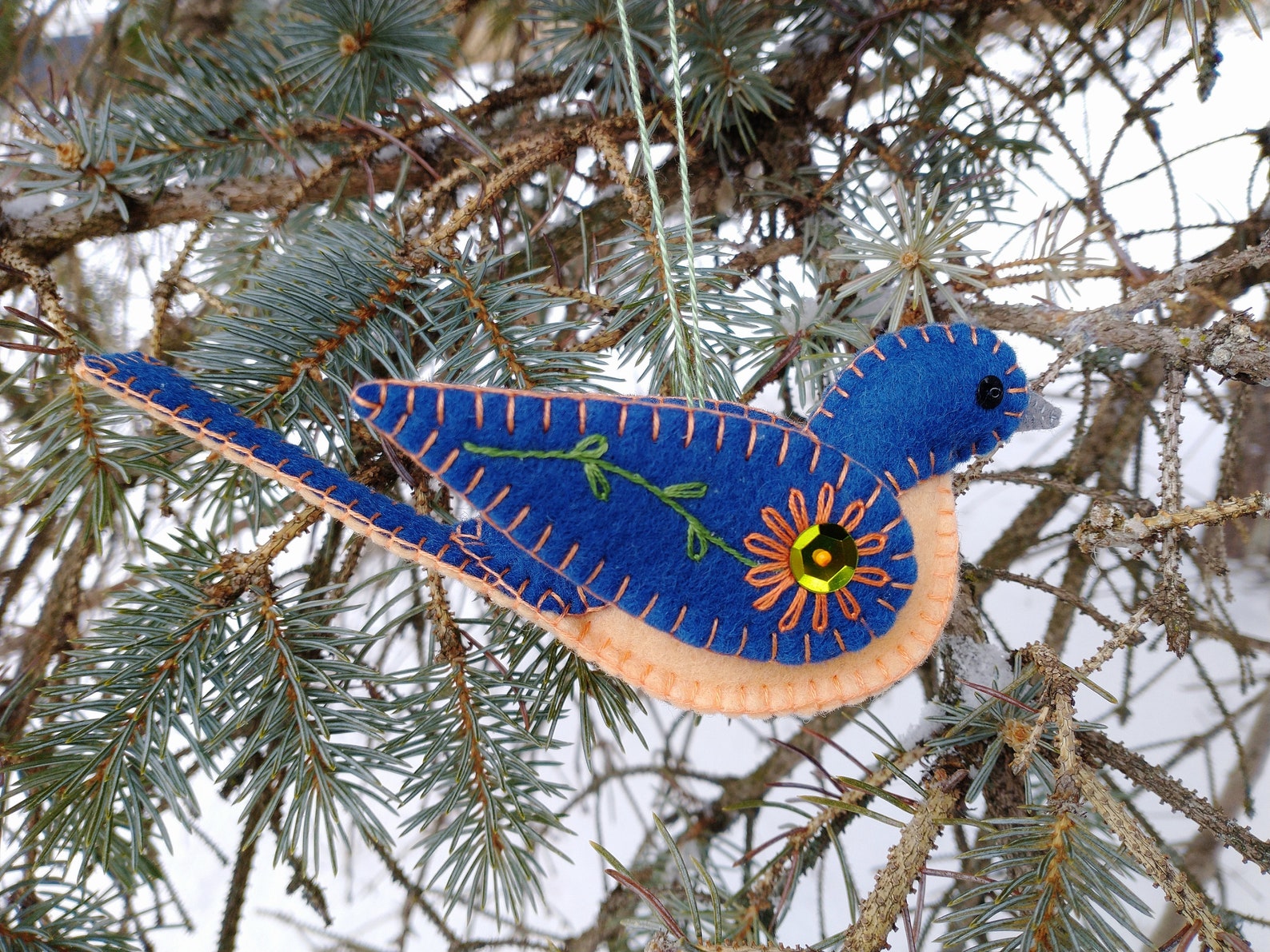 Embroidered Wool Felt Eastern Bluebird Ornament With Sequin and Bead ...