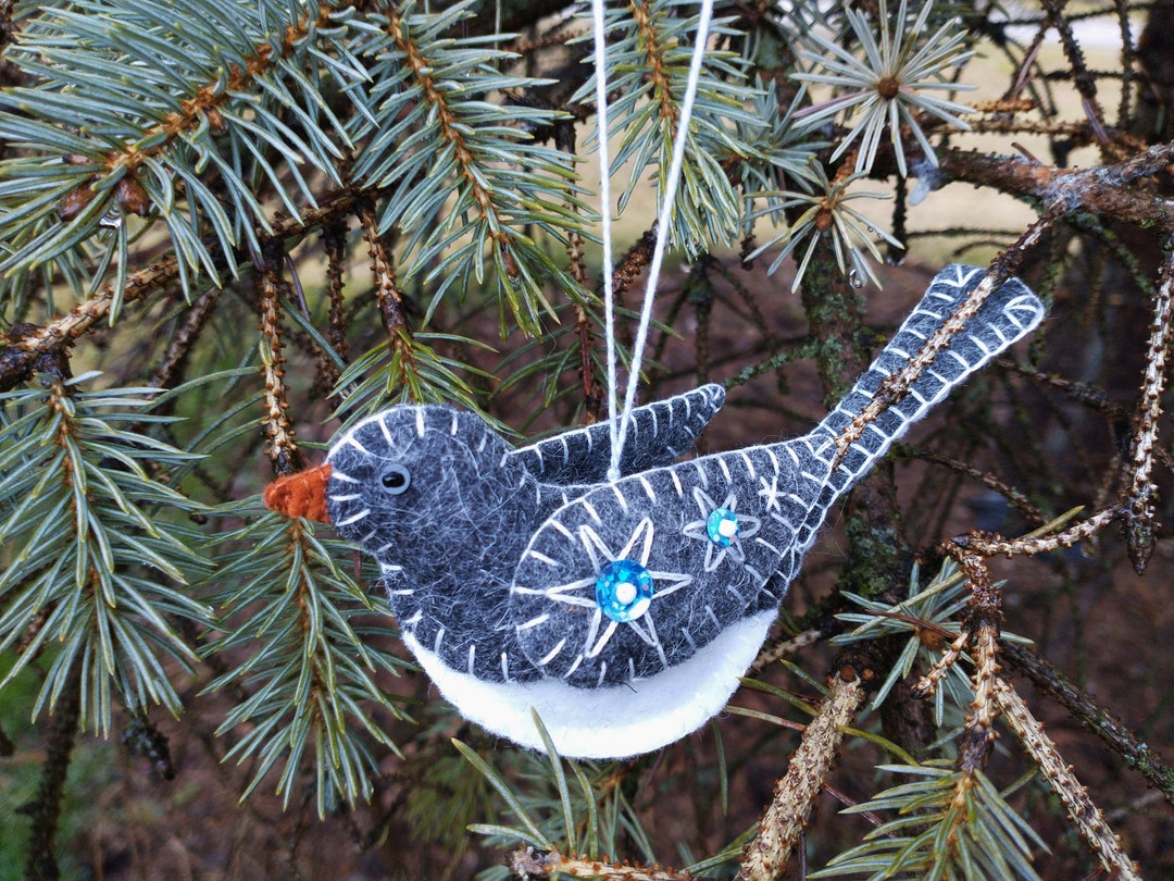 Merino Wool Felt Junco Bird Ornament Embroidered and Embellished With ...