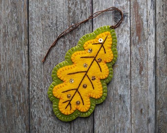 Wool Felt Yellow Autumn Oak Leaf Ornament Decorated With Embroidery ...