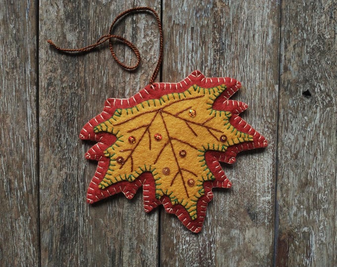 Embroidered Wool Maple Leaf Ornament: Gold & Brick Red Autumn Decor - Etsy