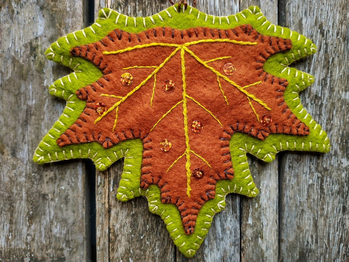 Wool Felt Fall Leaf Ornament Set Decorated With Embroidery - Etsy