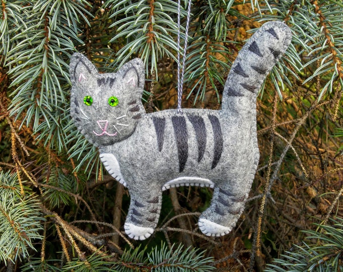 Embroidered Wool Felt Striped Gray Tabby Cat Ornament - Etsy