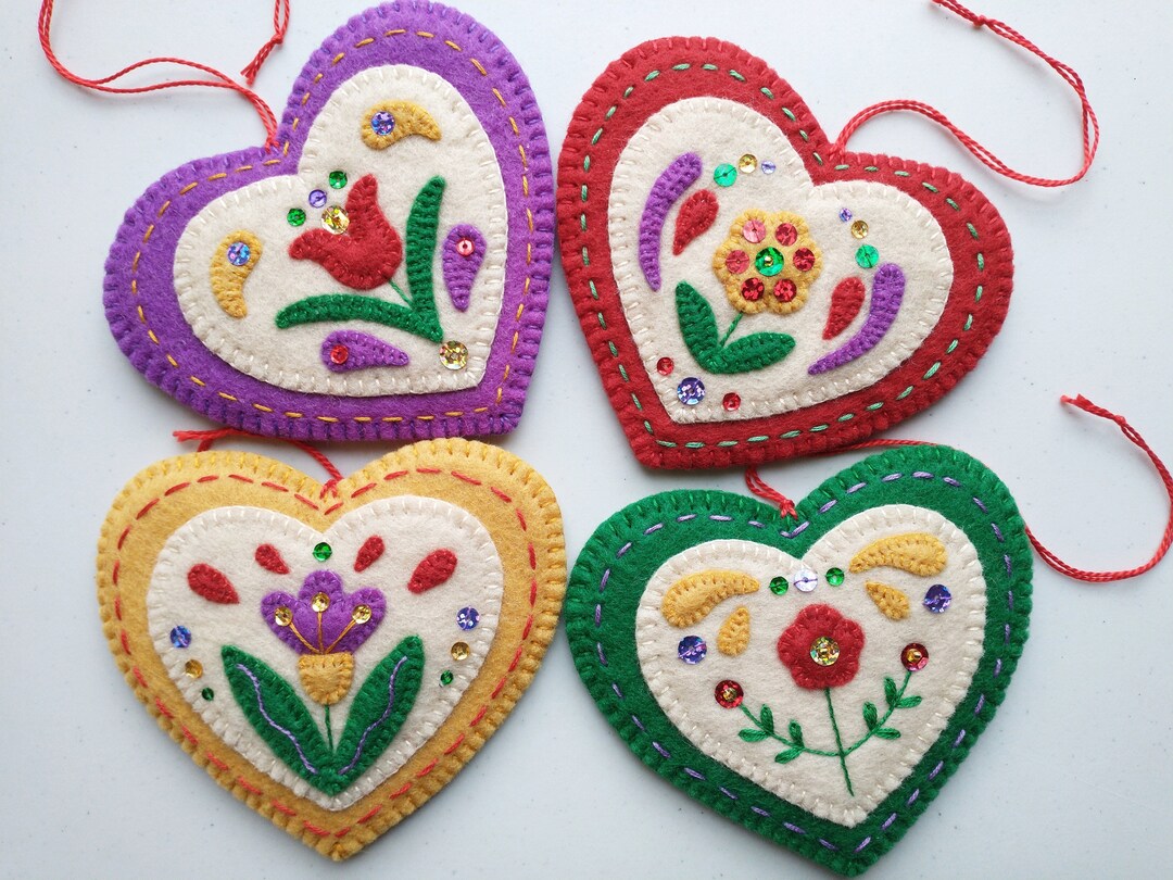 Folk Art Hearts Made From 100% Virgin Wool Felt, Appliqued and ...