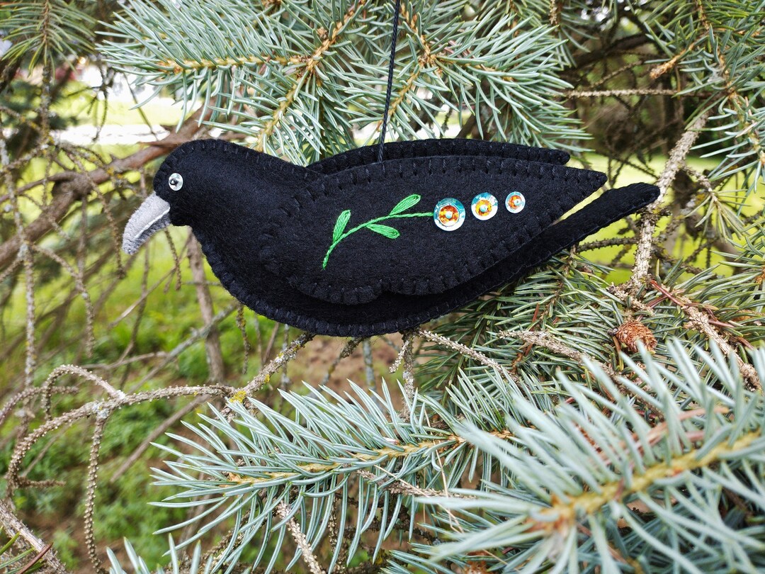 Wool Felt Crow Ornament With Embroidered Wings in Aqua and Orange - Etsy