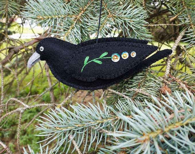 Wool Felt Crow Ornament With Embroidered Wings in Aqua and Orange - Etsy