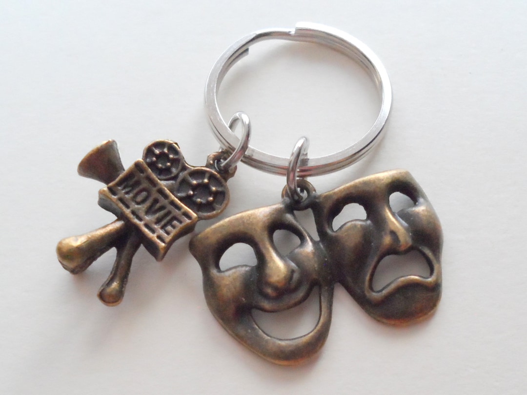 Bronze Theatre Masks Keychain With Movie Camera Charm, Theater Mask ...