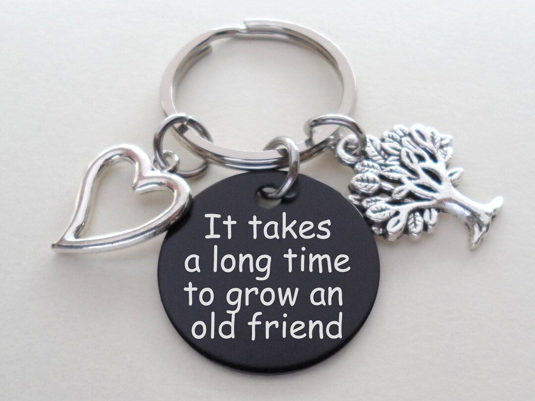 Old Friend Saying Engraved Disc Keychain With Tree and Heart Charm ...