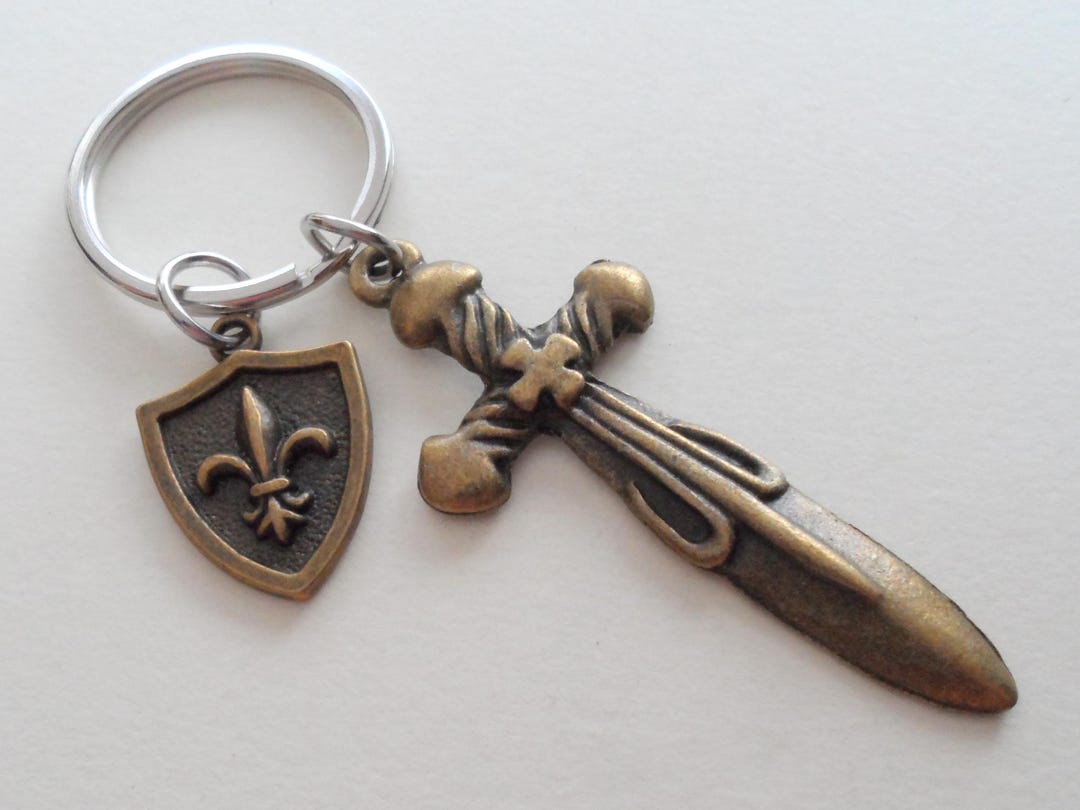 Bronze Sword and Shield Charm Keychain, Fairytale Key Ring Gift, Knight ...