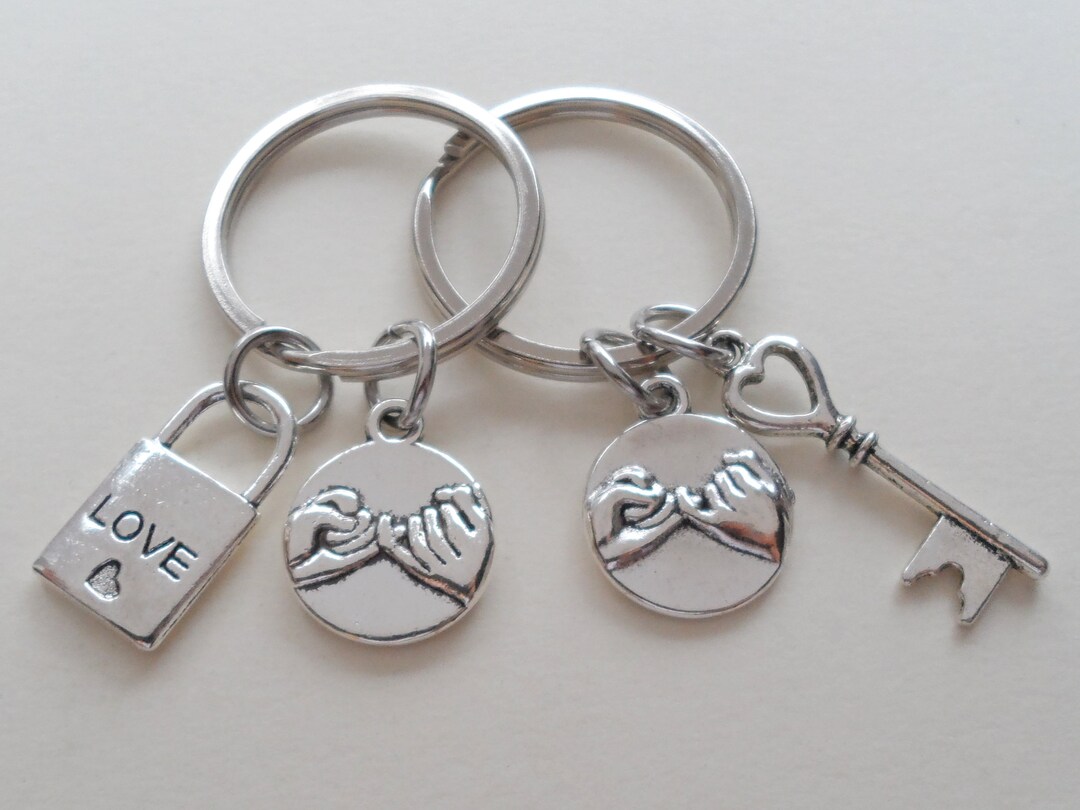 2 Pinky Promise Keychains & Heart Key and Love Lock Charms, Couples ...