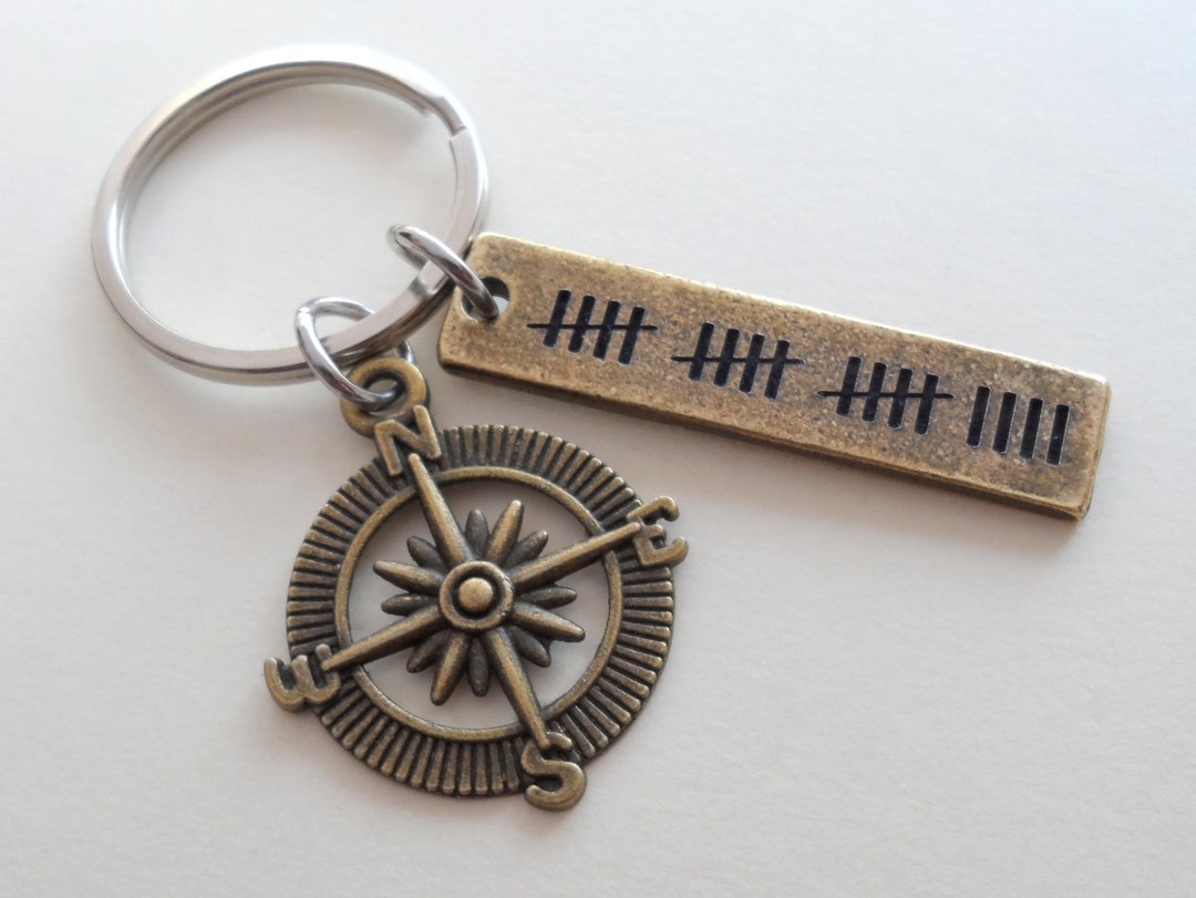 Bronze Compass Keychain With Tally Marks Tag, Bronze 8 Year, 19 Year ...