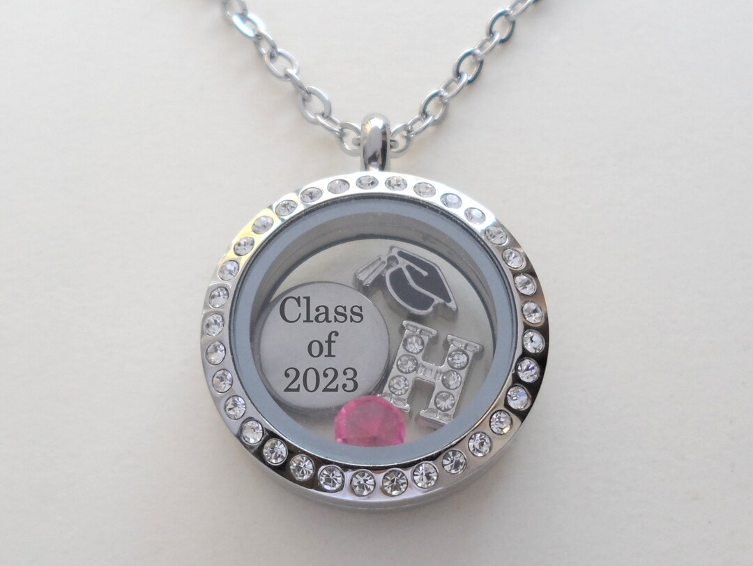 Graduation Floating Charm Locket Necklace, Medium Circle Locket, Class ...