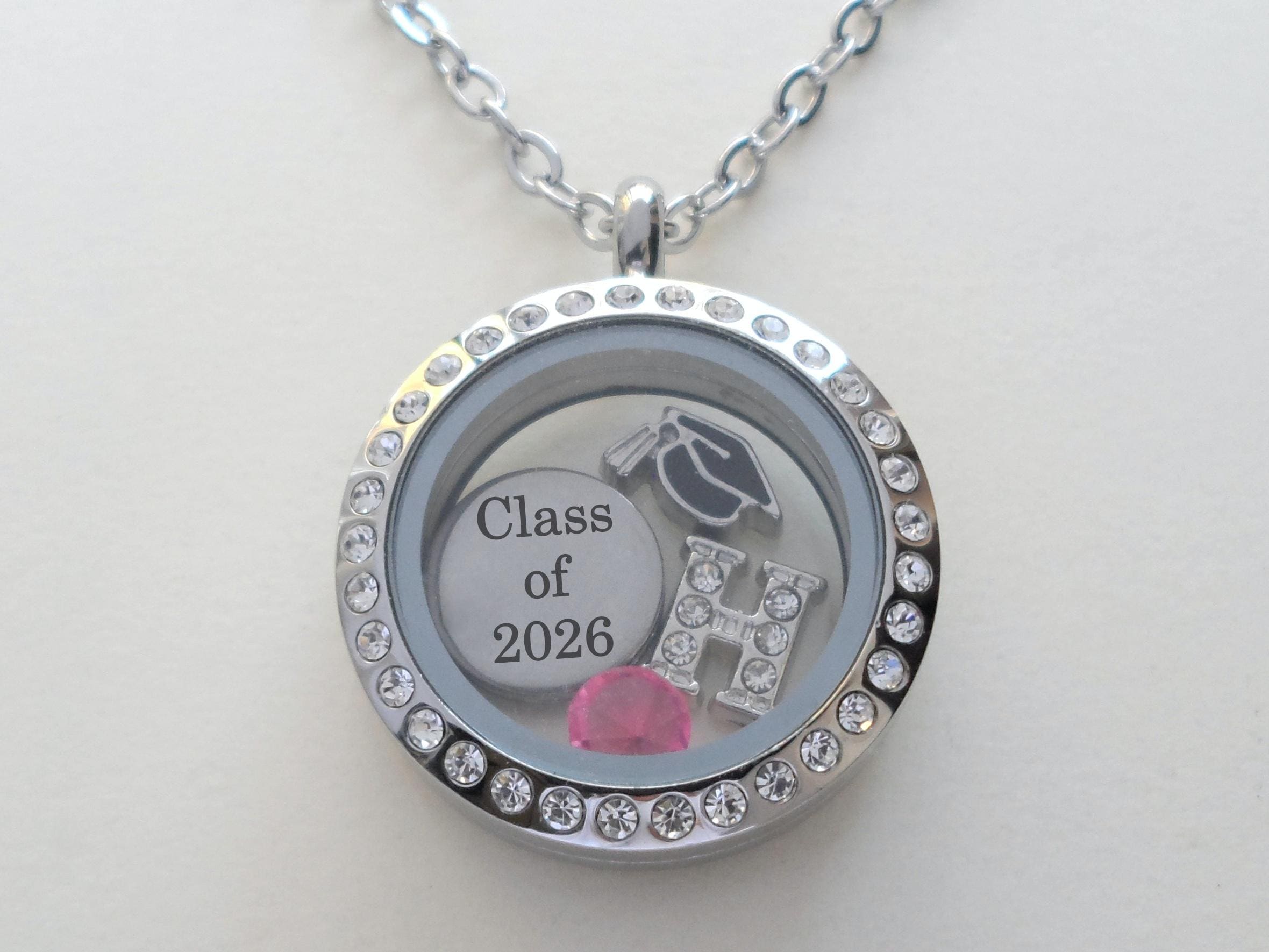 Graduation Floating Charm Locket Necklace, Medium Circle Locket, Class ...