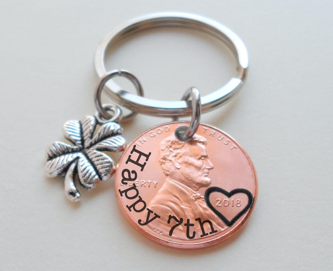 Engraved Penny Keychain With Clover, Personalized Anniversary Lucky ...