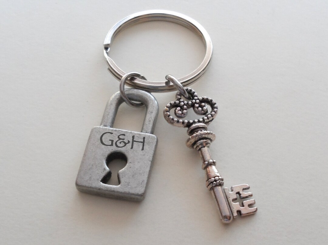 Custom Engraved Small Lock & Key Keychain, Couples Keychain, Husband ...