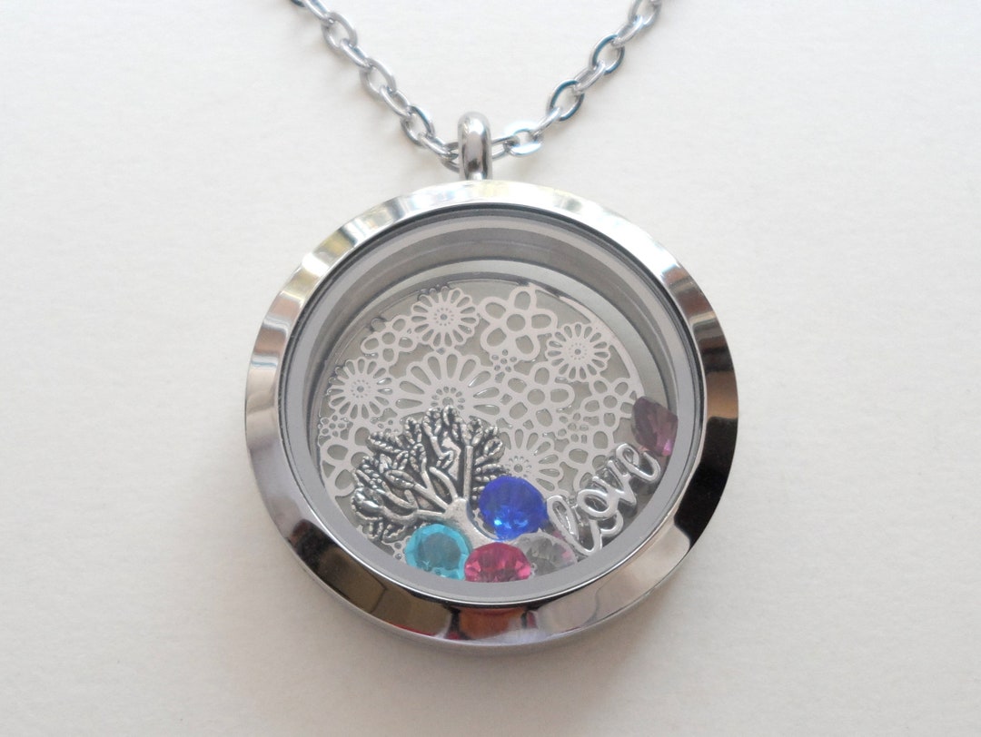 Floating Charm Locket Necklace, Birthstones Necklace, Mothers Necklace ...