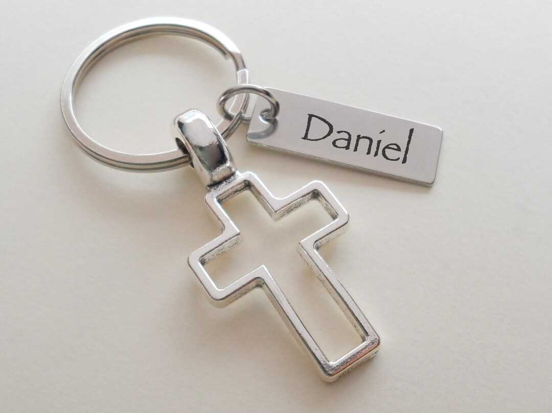 Cross Charm Keychain With Custom Engraved Tag, Religious Keychain ...