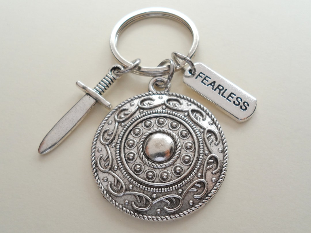 Sword and Shield Charm Keychain With Fearless Tag, Fairytale Key Ring ...