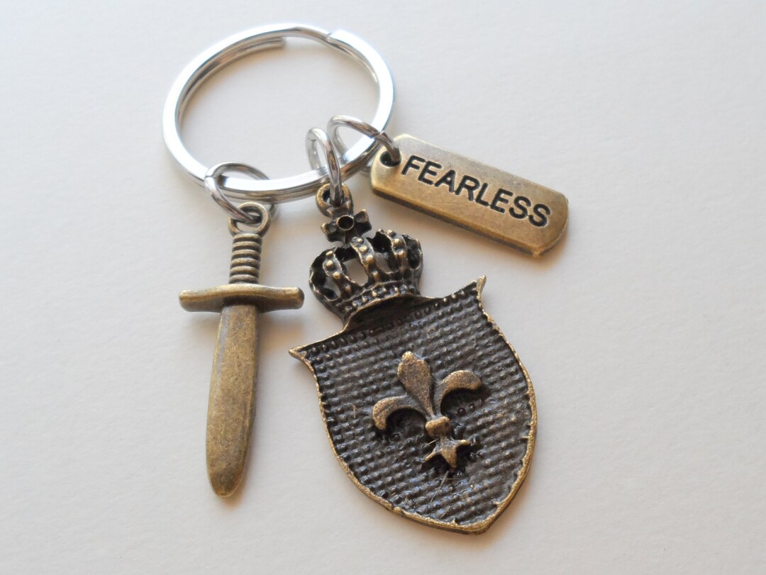 Bronze Sword and Shield Charm Keychain With Fearless Tag, Fairytale Key ...