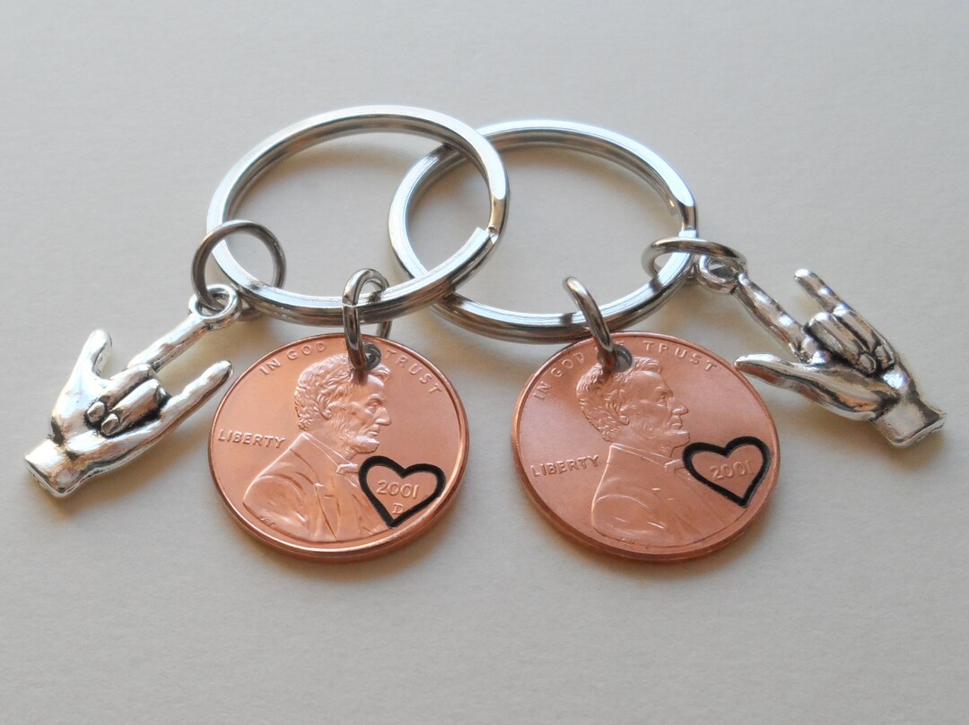 2 Penny Keychains With ASL I Love You Hand Charms, Anniversary Gift ...