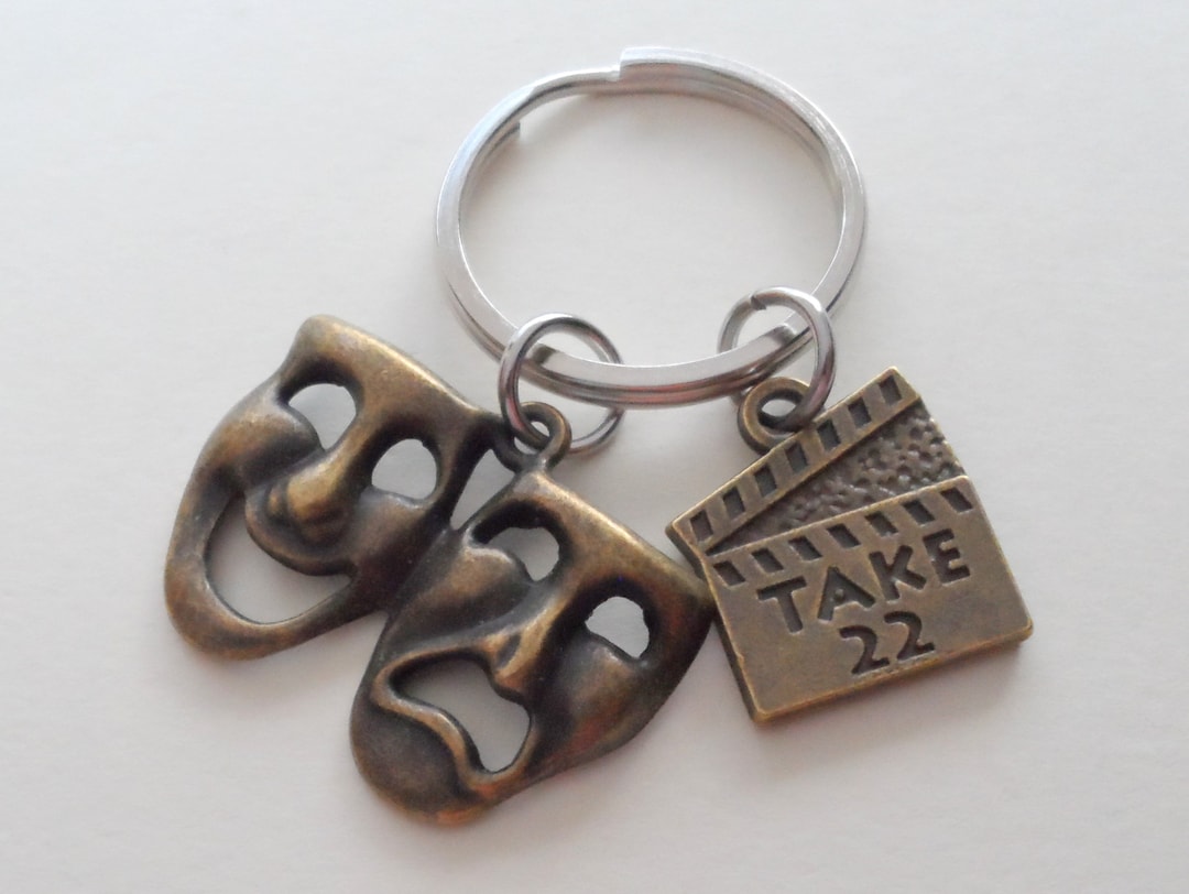 Bronze Theatre Masks Keychain With Take 22 Charm, Theater Mask Drama ...
