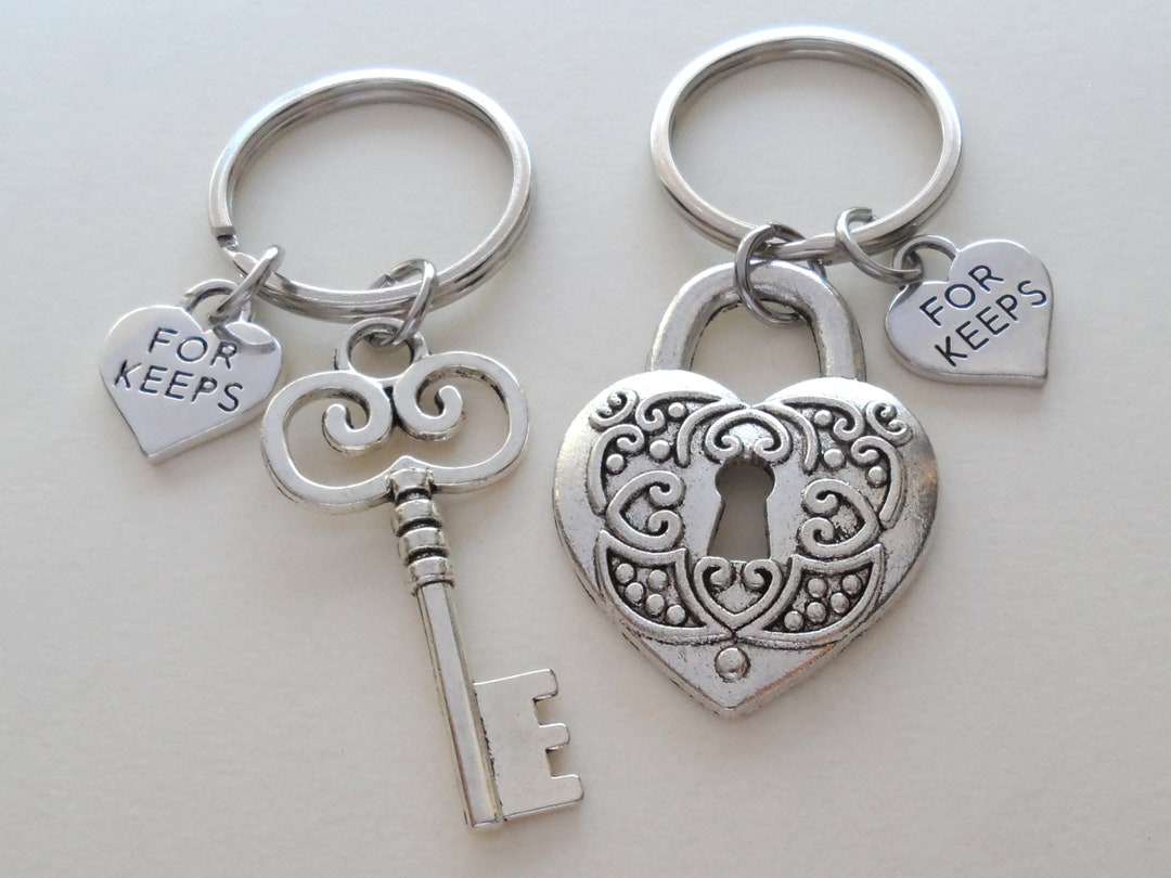 Key and Lock Keychain Set With for Keeps Heart Charms, Couples ...