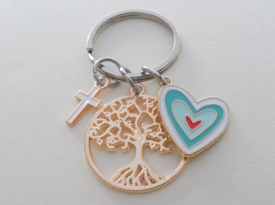 Tree, Heart & Cross Charm Keychain, Neighbor Keychain, Religious ...