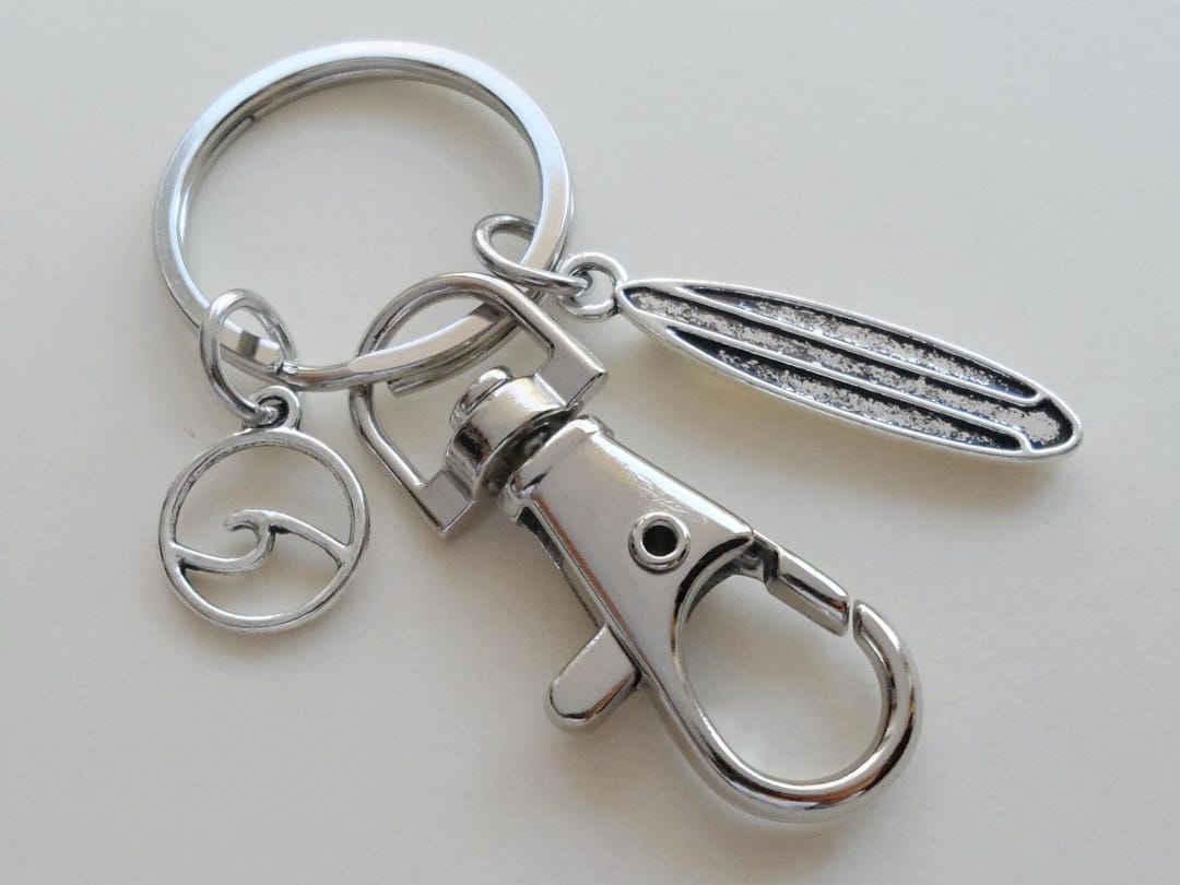 Surfer's Keychain, With a Surfboard, Beach Wave Charm, and Swivel Clasp ...