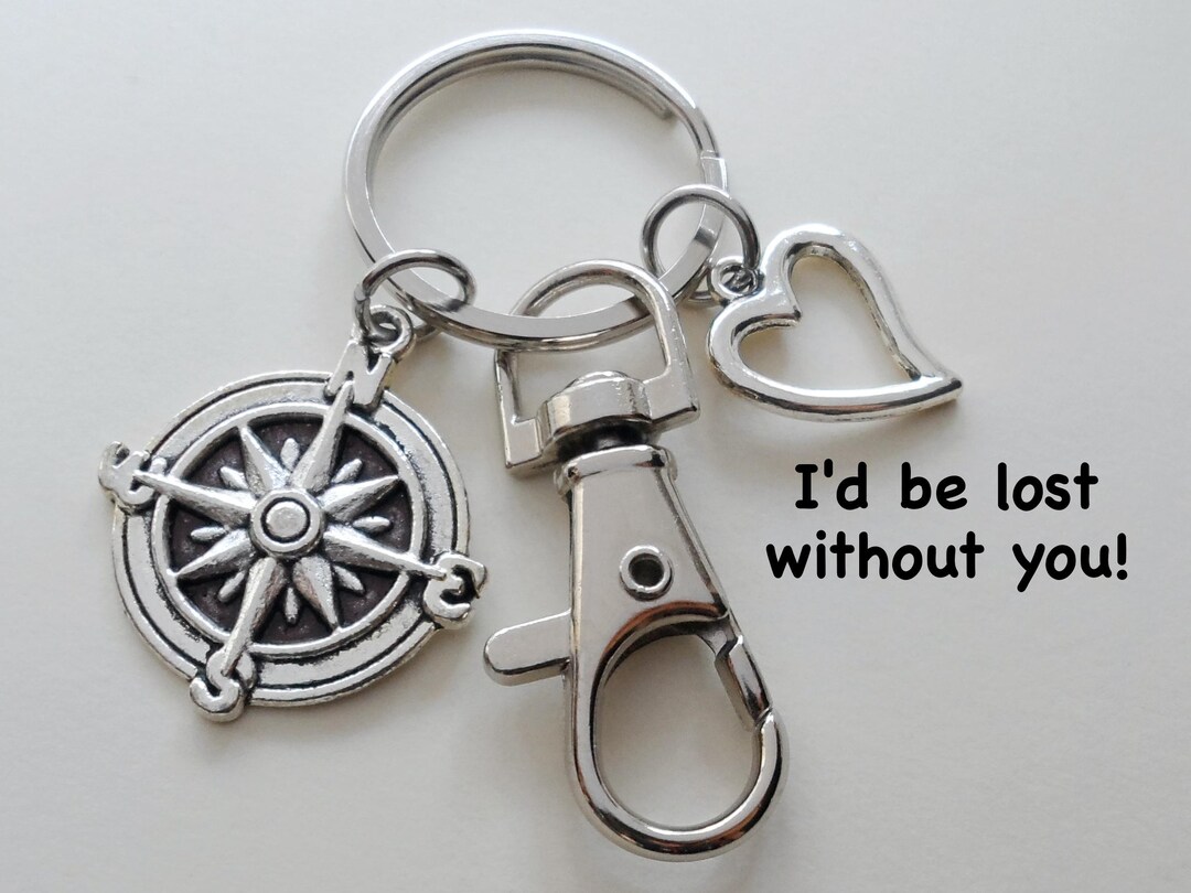 Compass Charm Keychain With Heart & Swivel Clasp, Couples Anniversary ...
