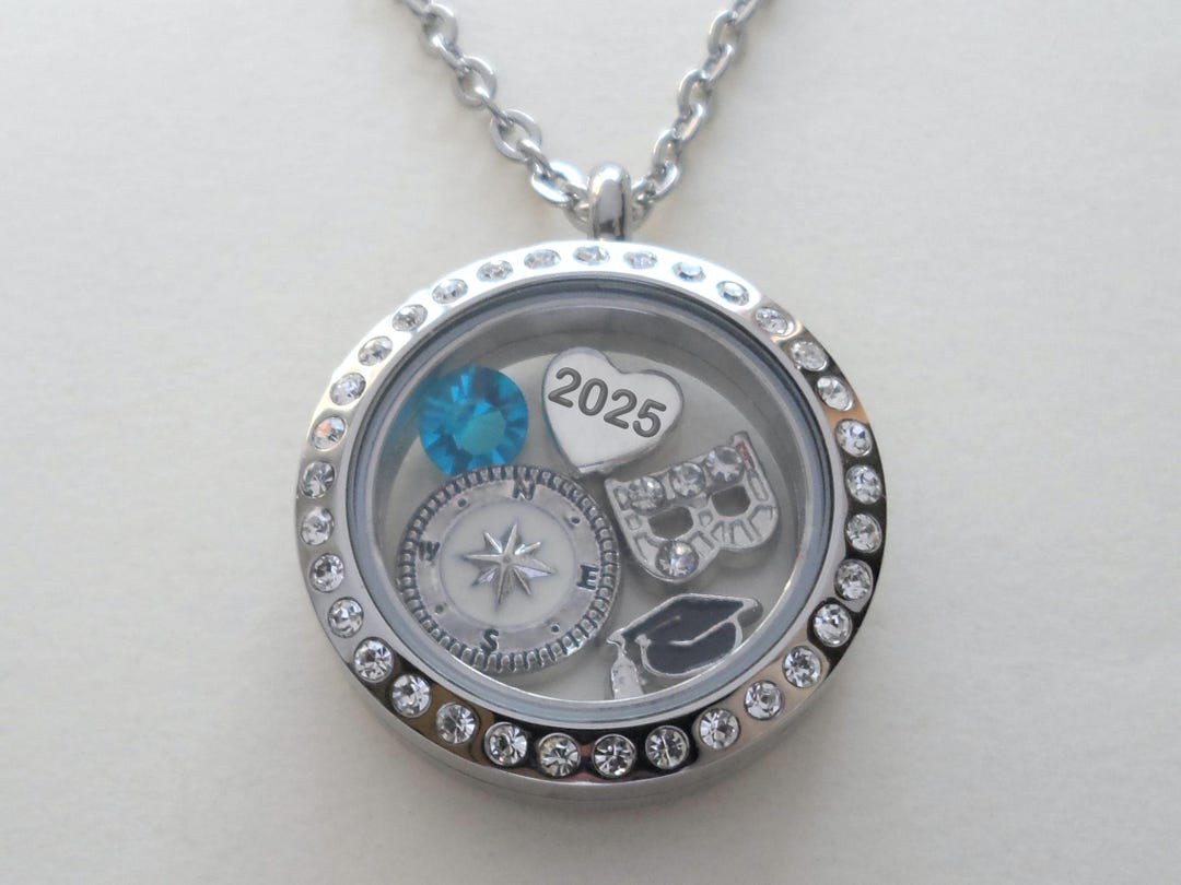 Graduation Floating Charm Locket Necklace, Medium Circle Locket, Class ...