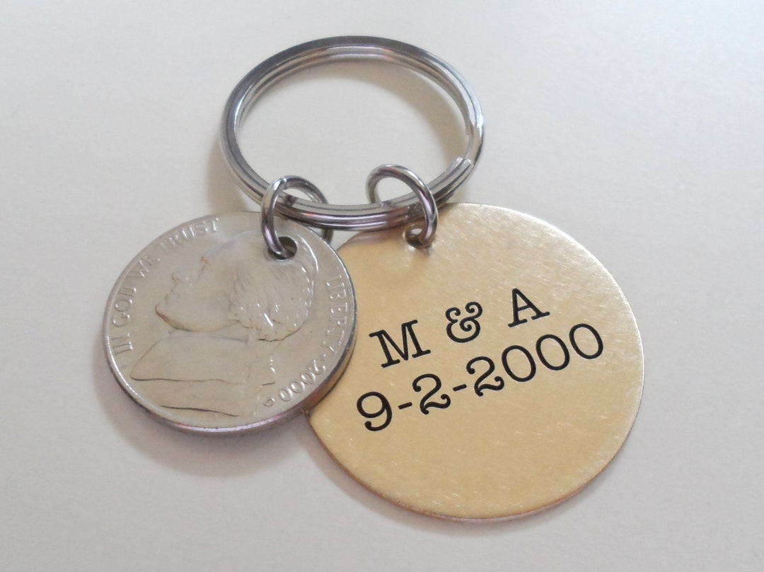 Brass Disc & 2004 Nickel Coin Keychain, Couples Keychain, 21 Year ...