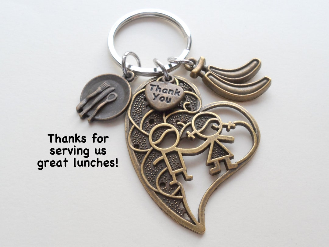 School Lunch Server Bronze Charm Keychain, Large Heart With Kids ...