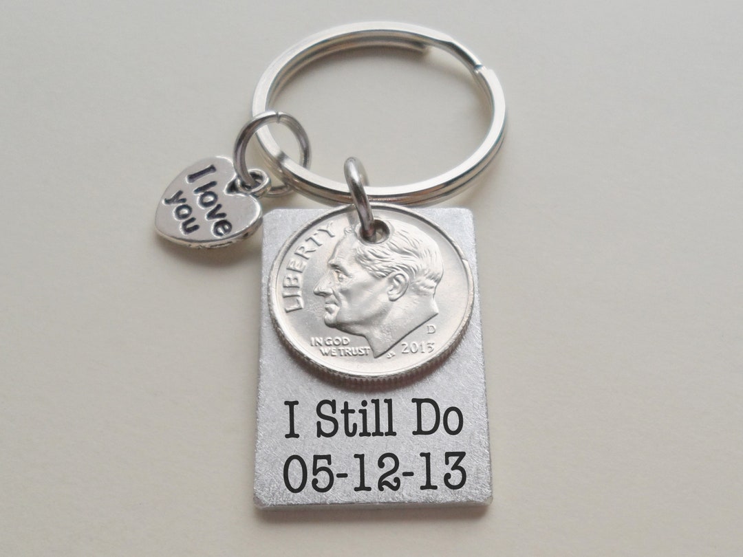 2015 Dime Keychain With Custom Engraved Aluminum Tag, Couples 10 Year ...