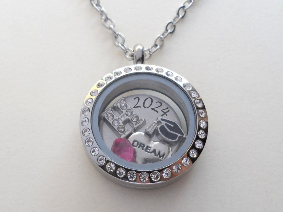 Graduation Floating Charm Locket Necklace, Medium Circle Locket, Class ...