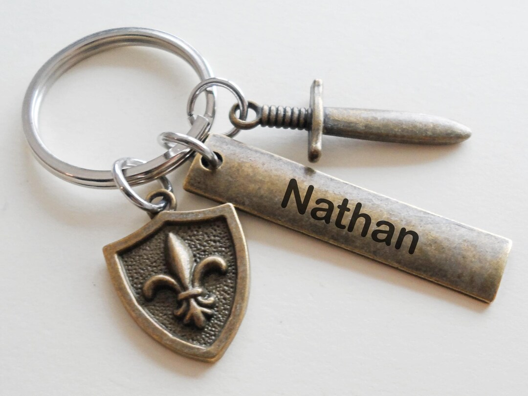 Bronze Sword and Shield Charm Keychain With Custom Engraved Tag ...