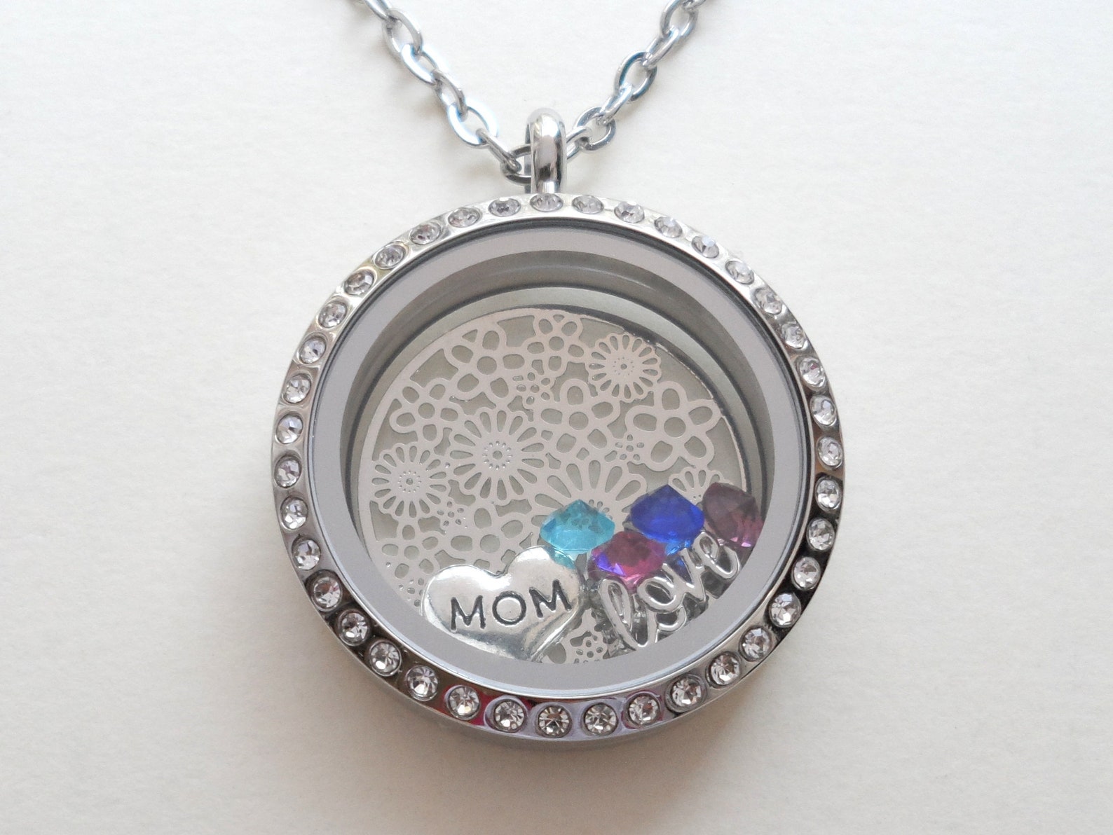 Floating Charm Locket Necklace, Birthstones Necklace, Mothers Necklace ...