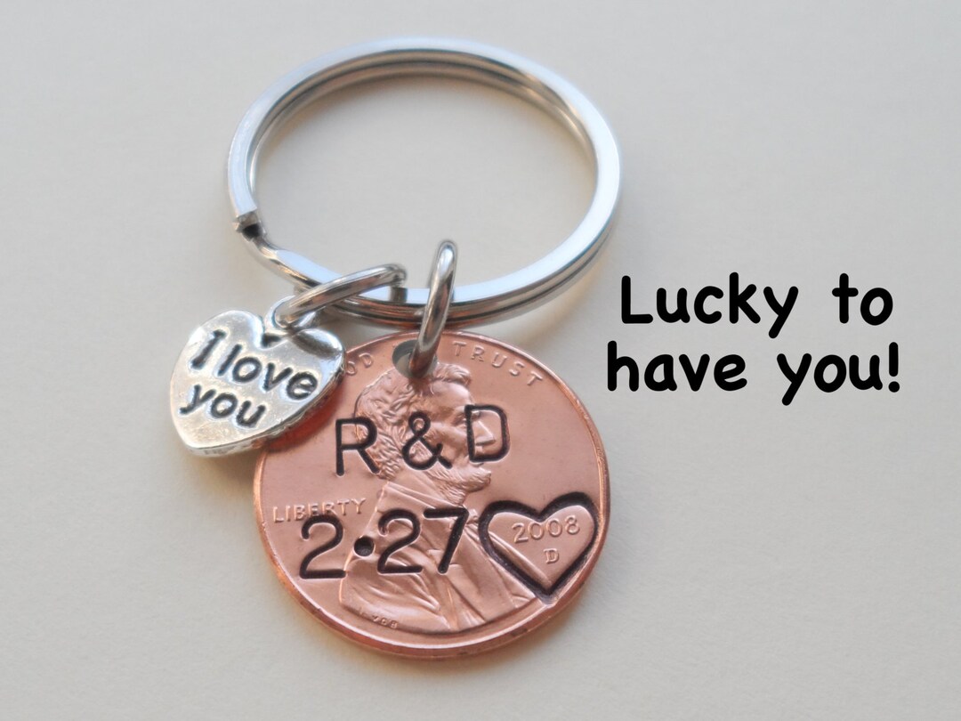 Personalized Couple Keychain, Lucky Penny Keychain, Anniversary Gift ...
