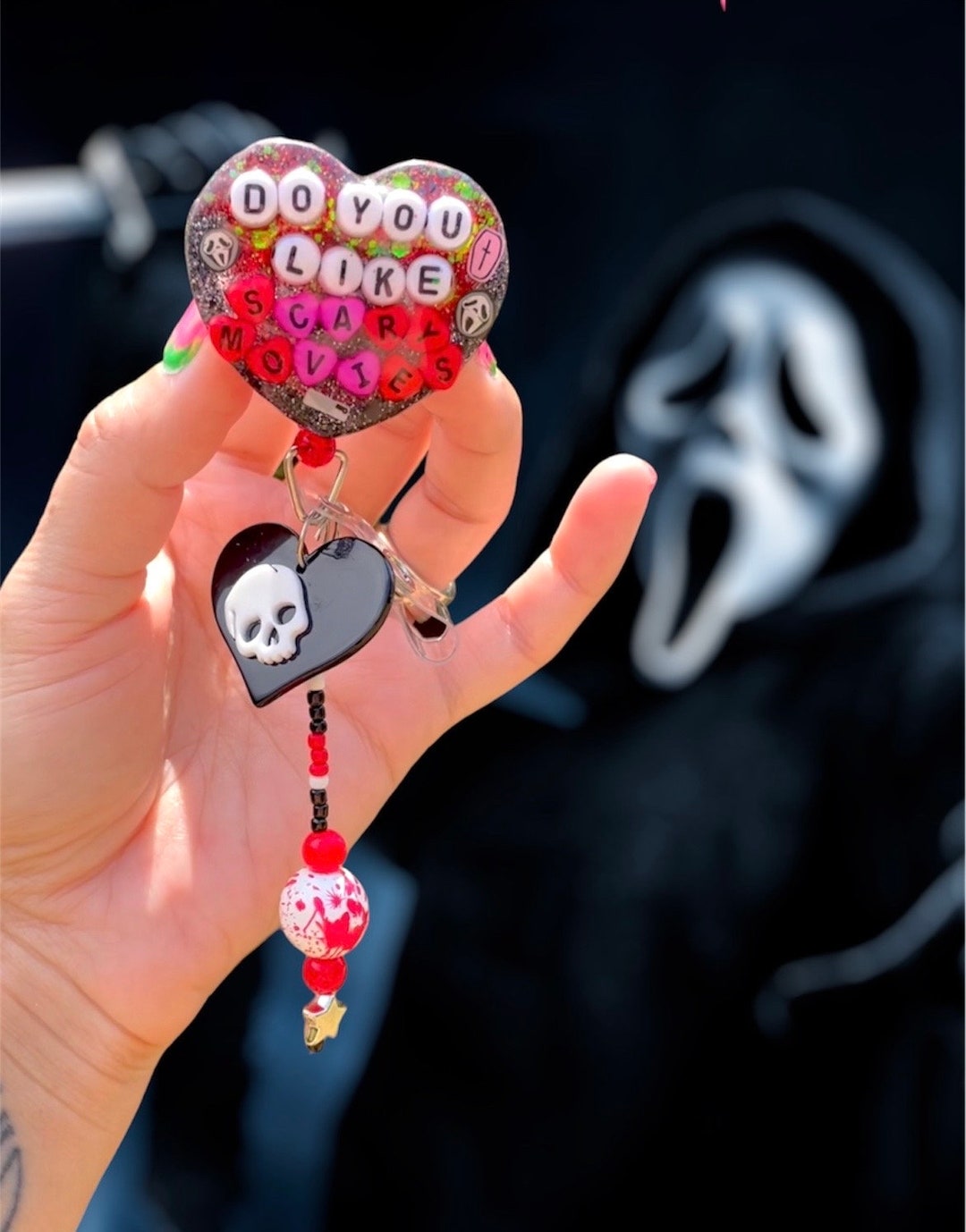 Scary Movie Scream Ghostface Halloween Badge Reel Holder Horror Glitter ...