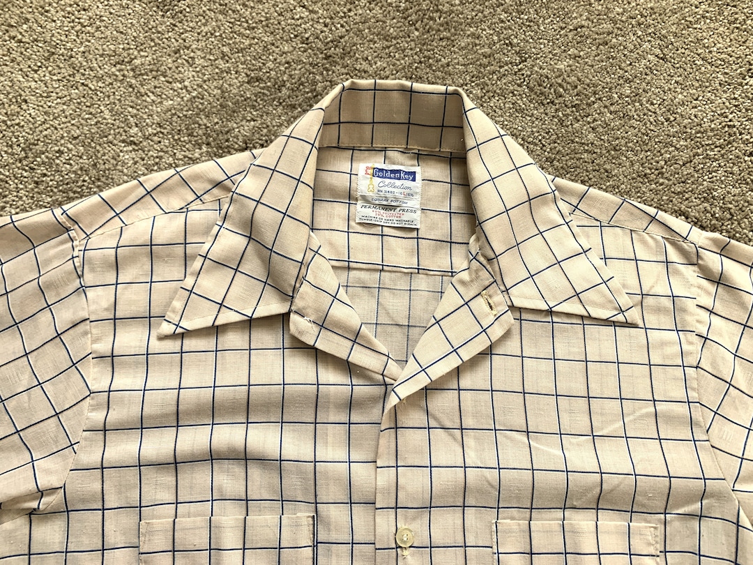 Vintage 60s Golden Key Tan Blue Plaid Square Cut Shirt Large - Etsy
