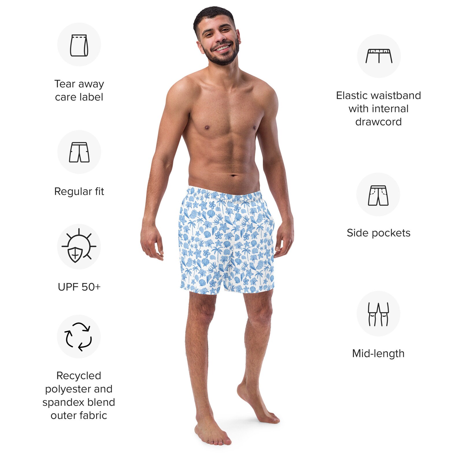 Seacoast Blue and White Eco-friendly Swim Trunks | Comfy Coconut ...