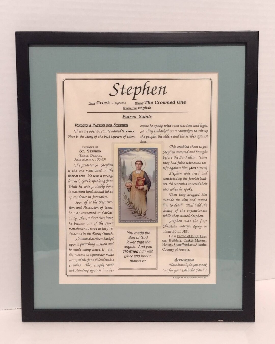 Framed Patron Saint Stephen Catholic Holy Card Scripture Religious ...