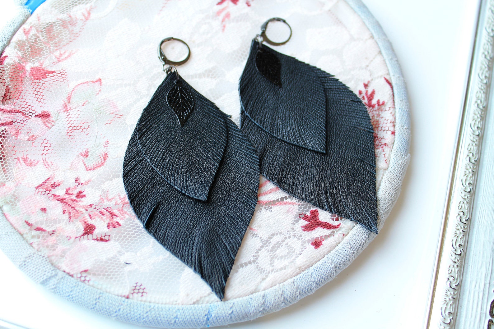 Black leather earrings Feather earrings matte black feather | Etsy